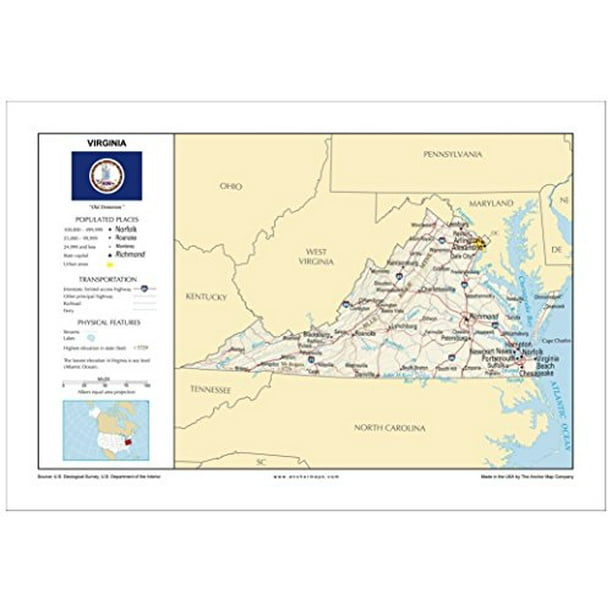 13x19 Virginia General Reference Wall Map - Anchor Maps USA ...
