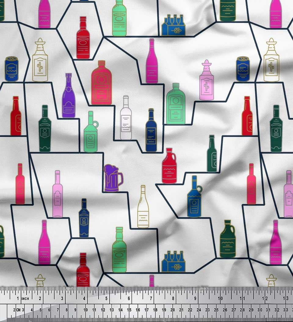 Soimoi Polyester Crepe Fabric Beer Cane,Glass & Bottle Bar Print Fabric ...