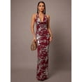 Burgundy 3 Halter Neck Metallic Print Maxi Dress With Deep Cowl V-Neck ...