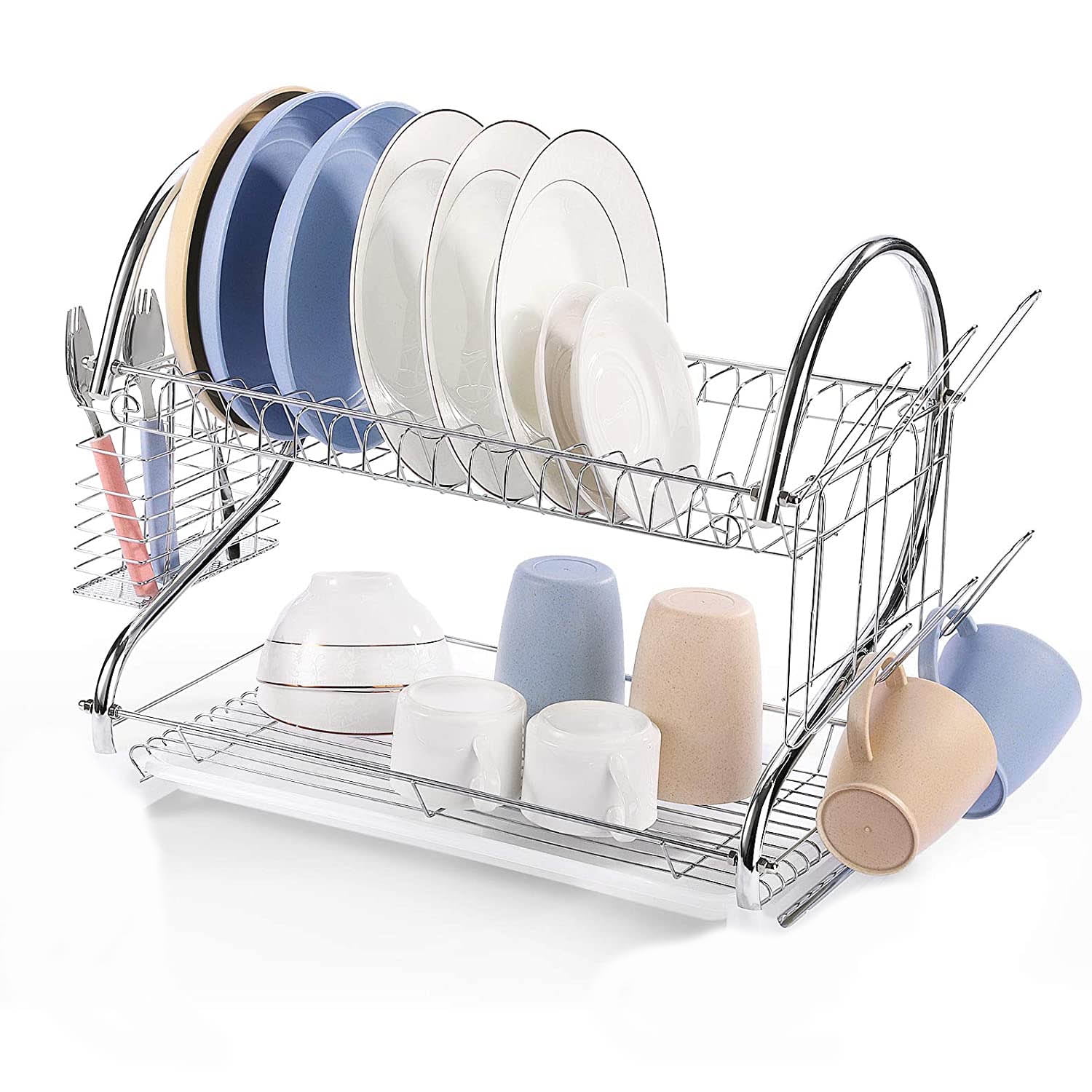 2 Tier Dish Drying Rack Rust-Proof Treatment S-shaped Dual Layers Bowls ...