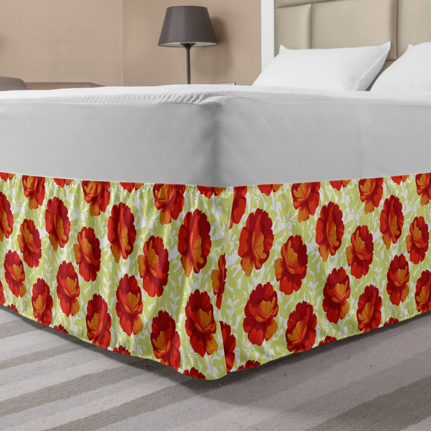 Floral Bed Skirt, Warm Colored Spring Flower Blossoming Art on Shadowy ...