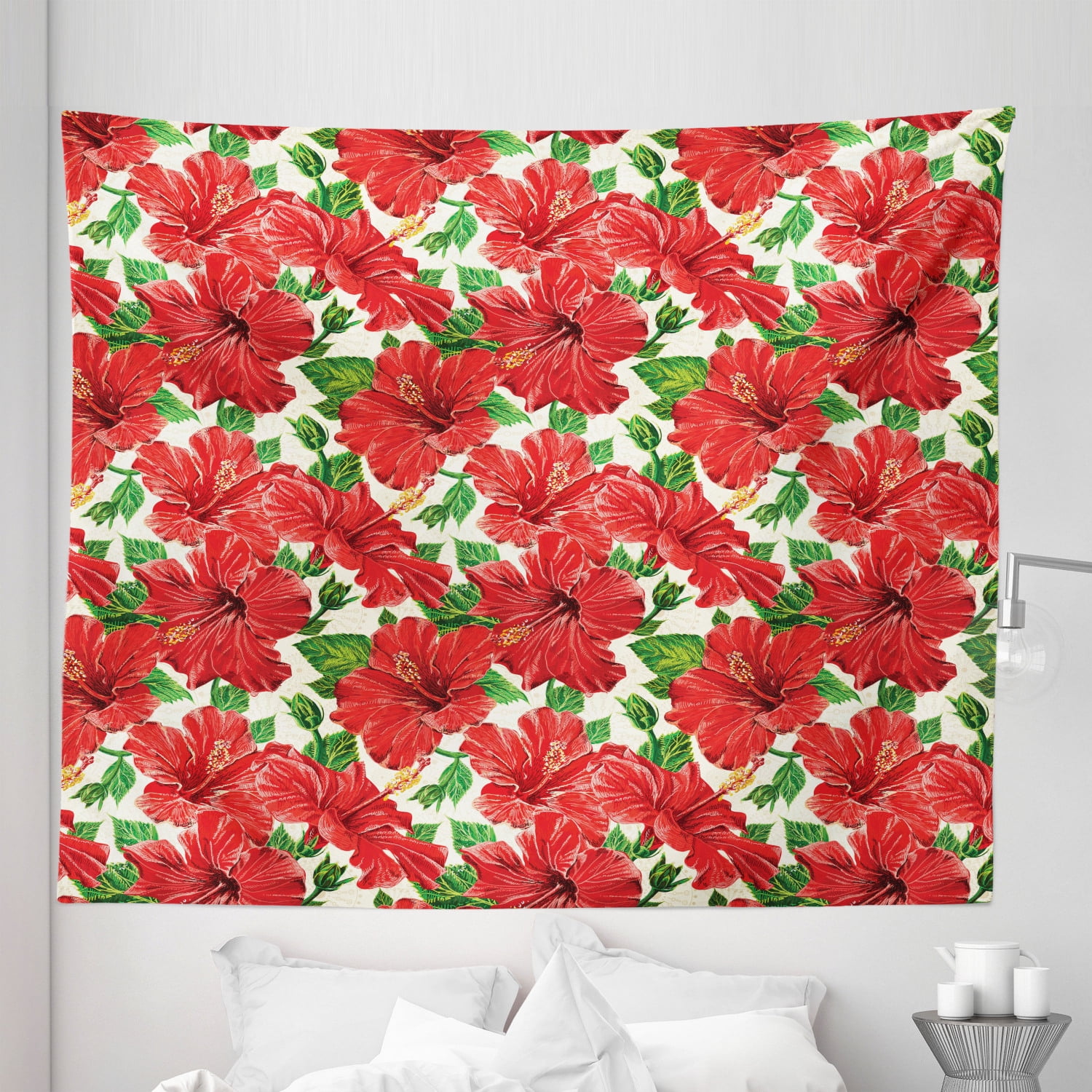 Hawaii Tapestry, Botanic Inspirations Floral Bouquet Hand Drawn Red ...