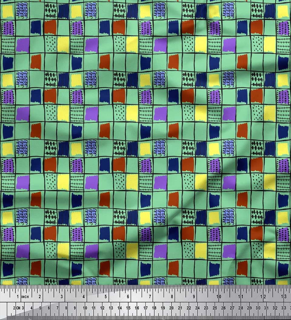 Soimoi Japan Crepe Satin Fabric Check & Brush Stroke Abstract Print ...