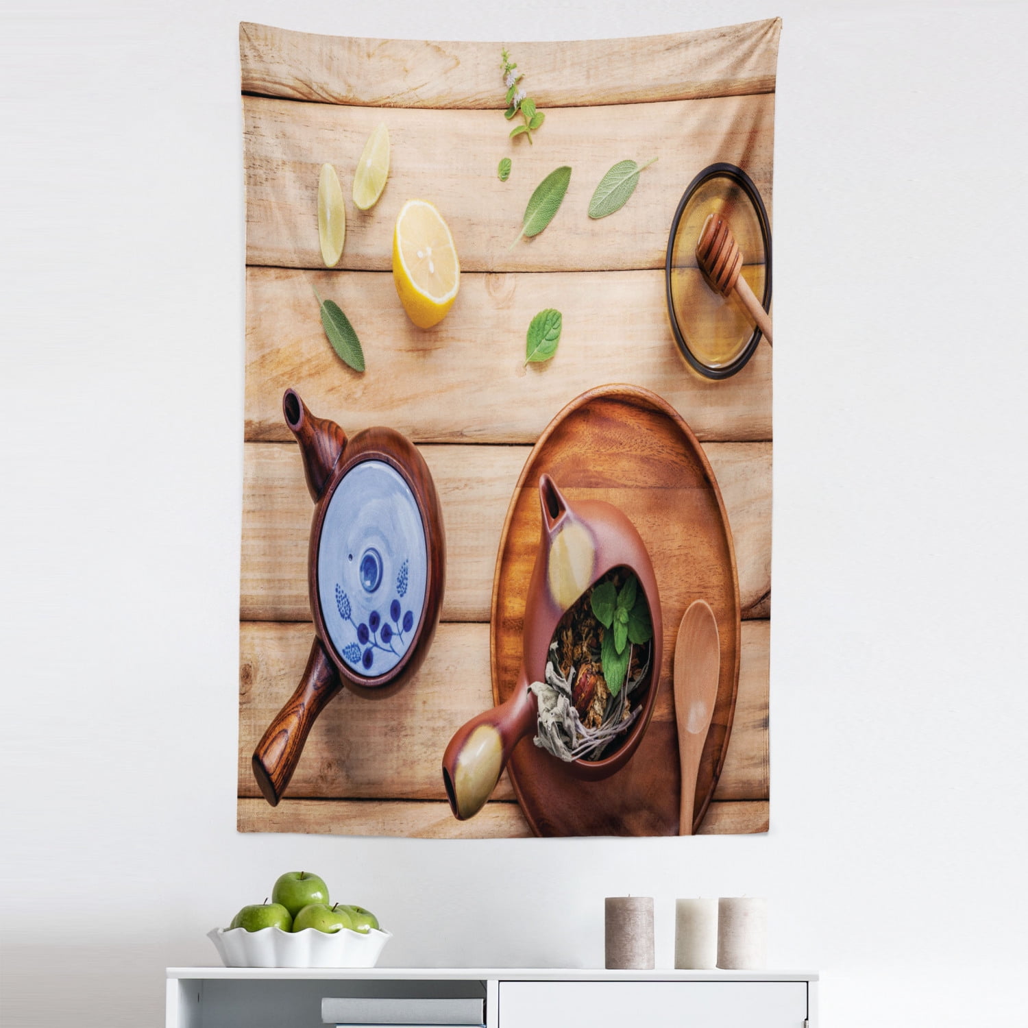 Tea Party Tapestry, Herbal Tea Pot with Fresh Herbs Sage Peppermint and ...