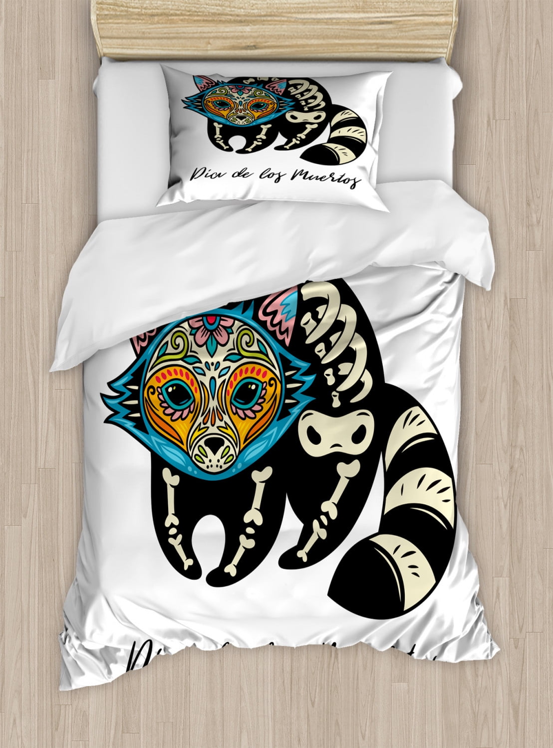 Dia de Los Muertos Twin Size Duvet Cover Set, Sugar Skull Raccoon in ...