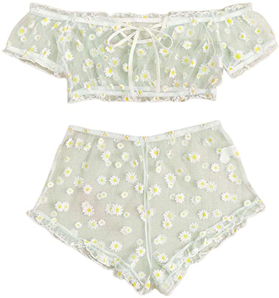 Womens Off Shoulder Self Tie Daisy Floral Mesh Lingerie Set