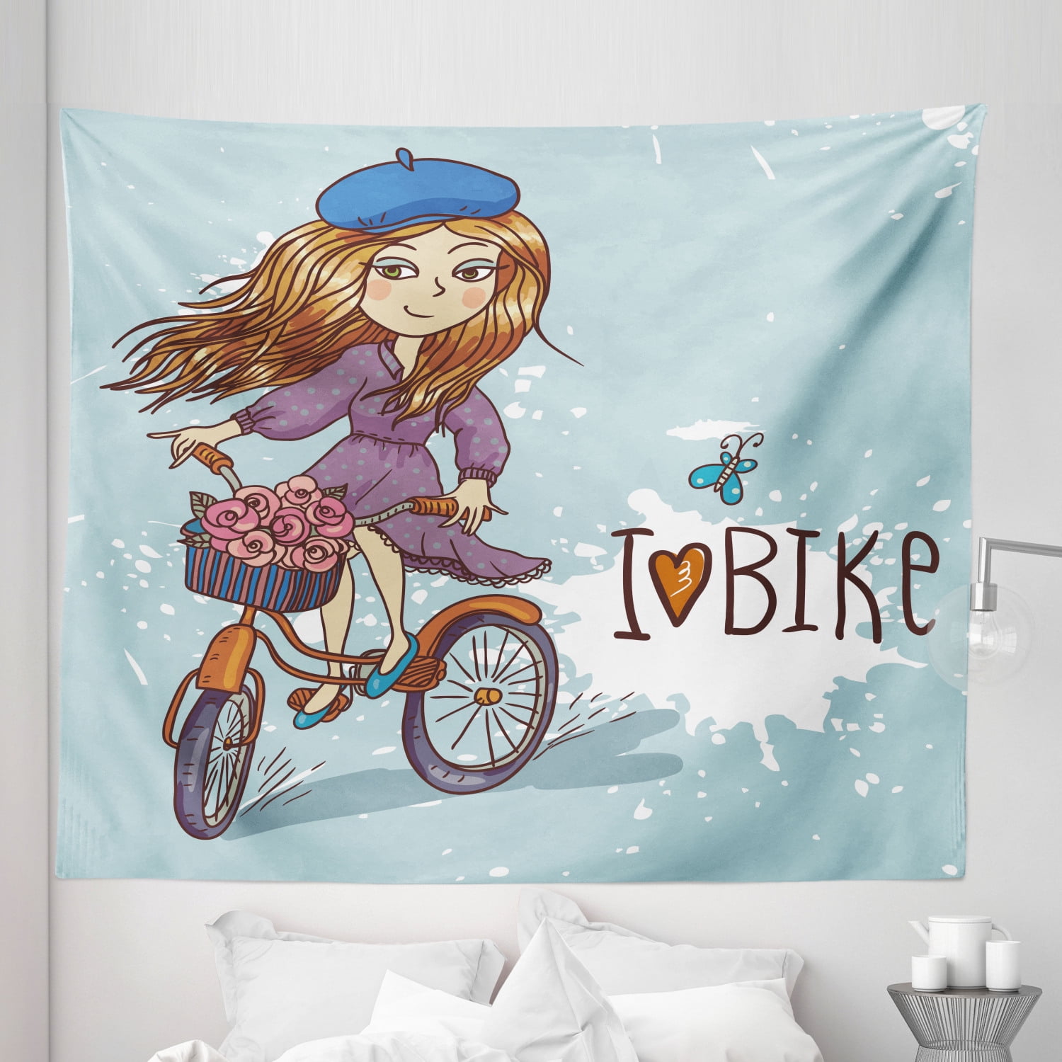 Retro Tapestry, Cartoon Girl Image with French Hat and a Bike with ...