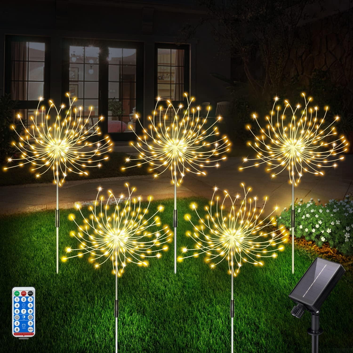 5 Pack Outdoor Solar Fireworks Lights - 120 LED Waterproof Garden Fireworks Lights With Remote ...