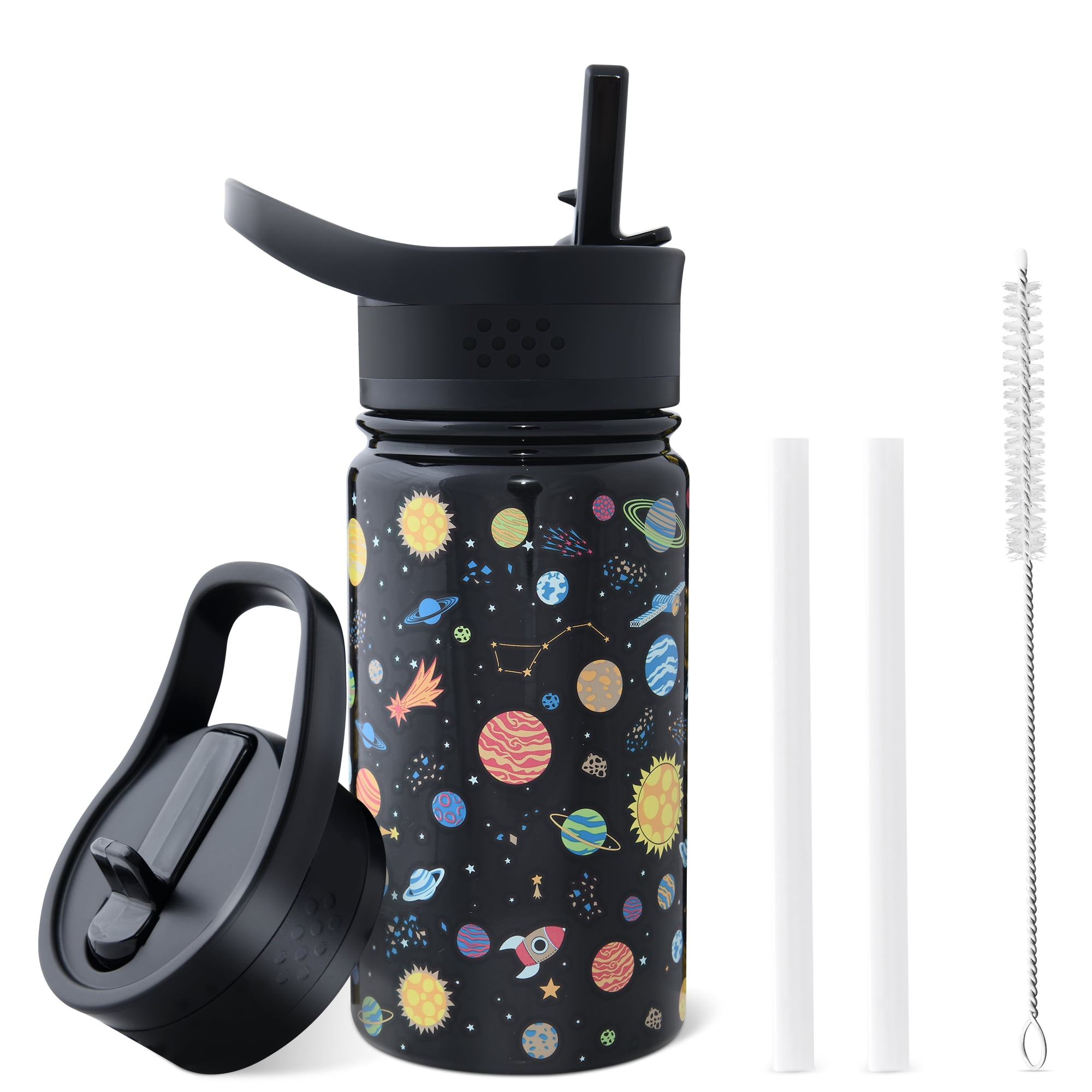 Junovo 14oz Kids Water Bottle with 2 Straw Lids,Insulated Stainless ...