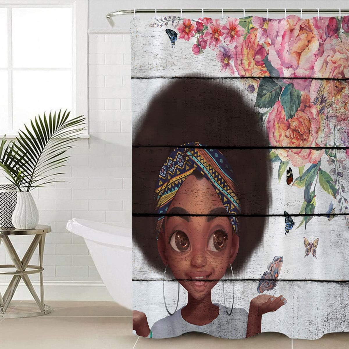 Joocar Waterproof Shower Curtain Liner African Gril Rose Flower