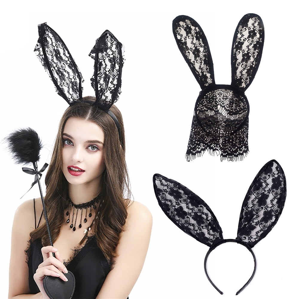 Eastin 2 Pcs Sexy Bunny Girl Black Lace Hair Band With Veil Cute Rabbit Ear Headband Popular
