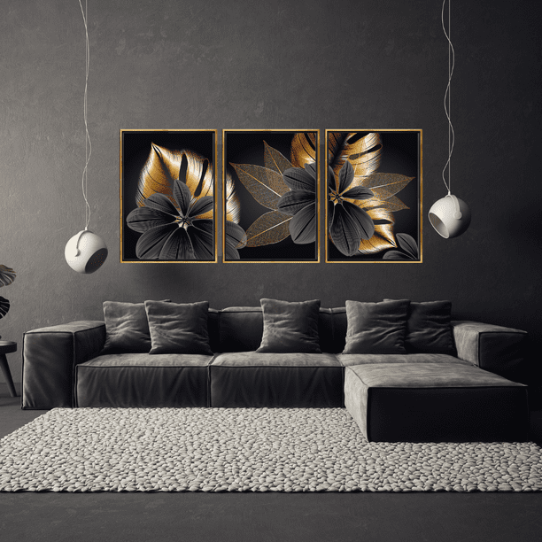 Cuadro decorativo para sala o recamara Set hojas doradas HD con marco ...