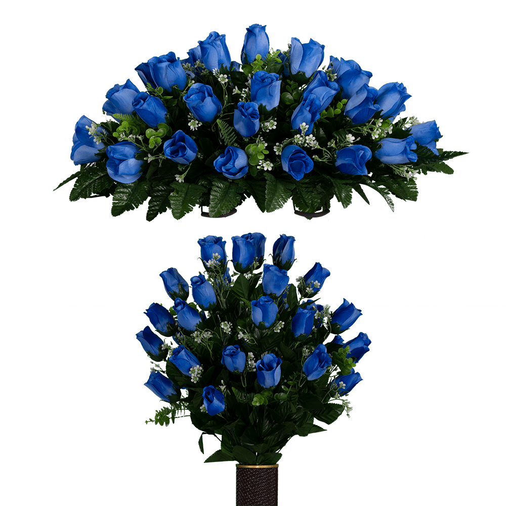 Sympathy Silks Artificial Cemetery Flowers Blue Rose Buds Bouquet ...