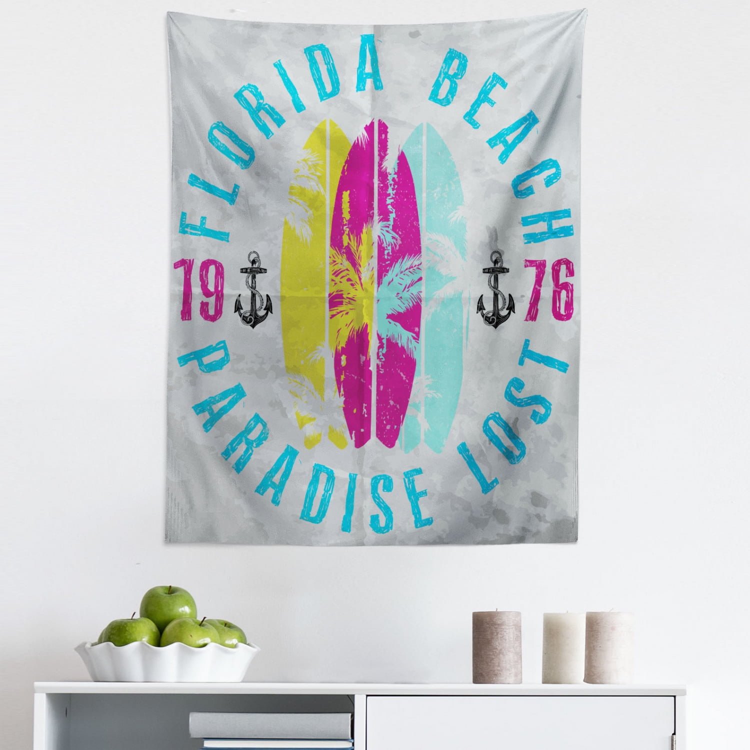 Florida Tapestry, Weathered Colorful Surfboards and Hand Drawn Anchors ...
