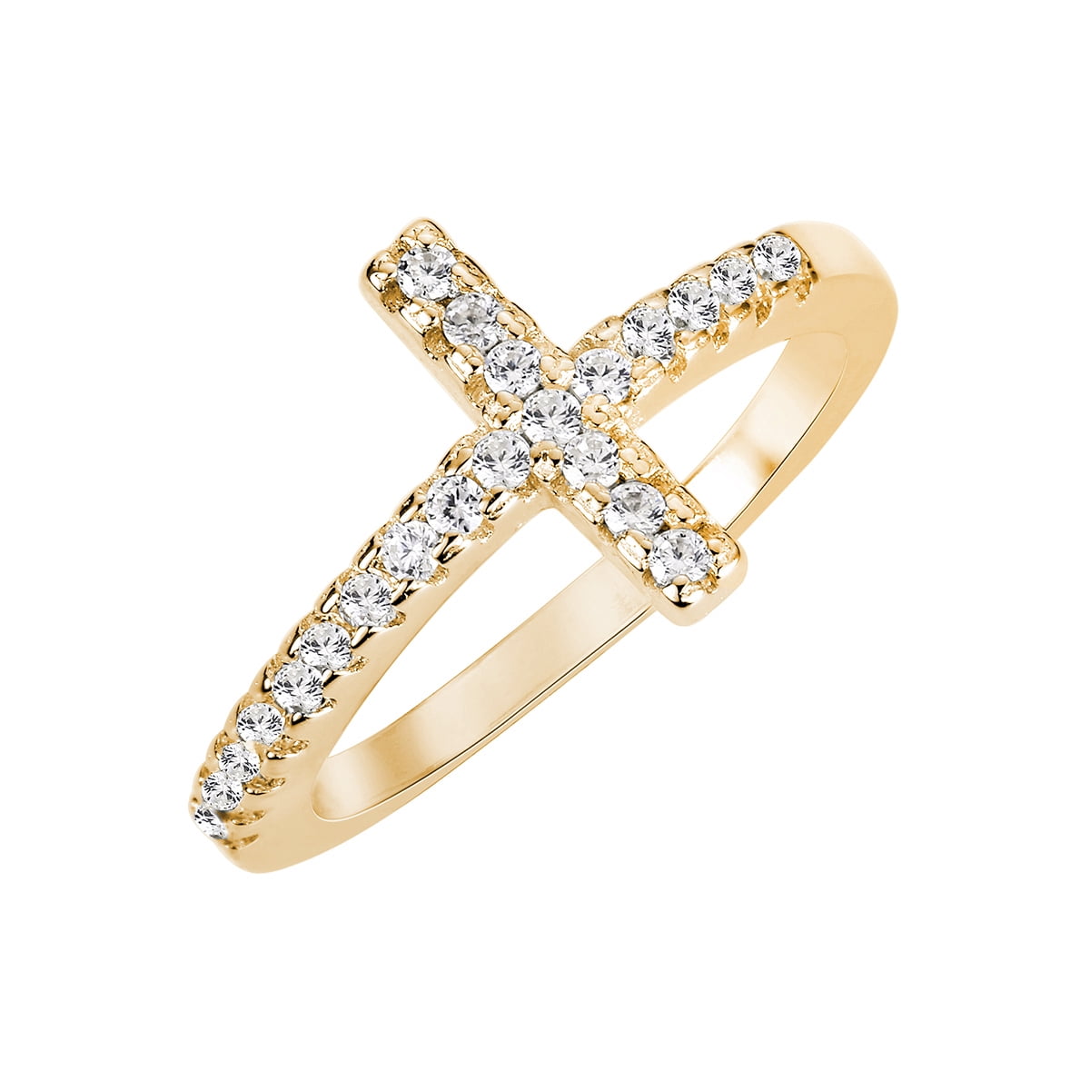 Christian Sideway Cross Cubic Zirconia Ring Yellow Gold-Tone Plated ...