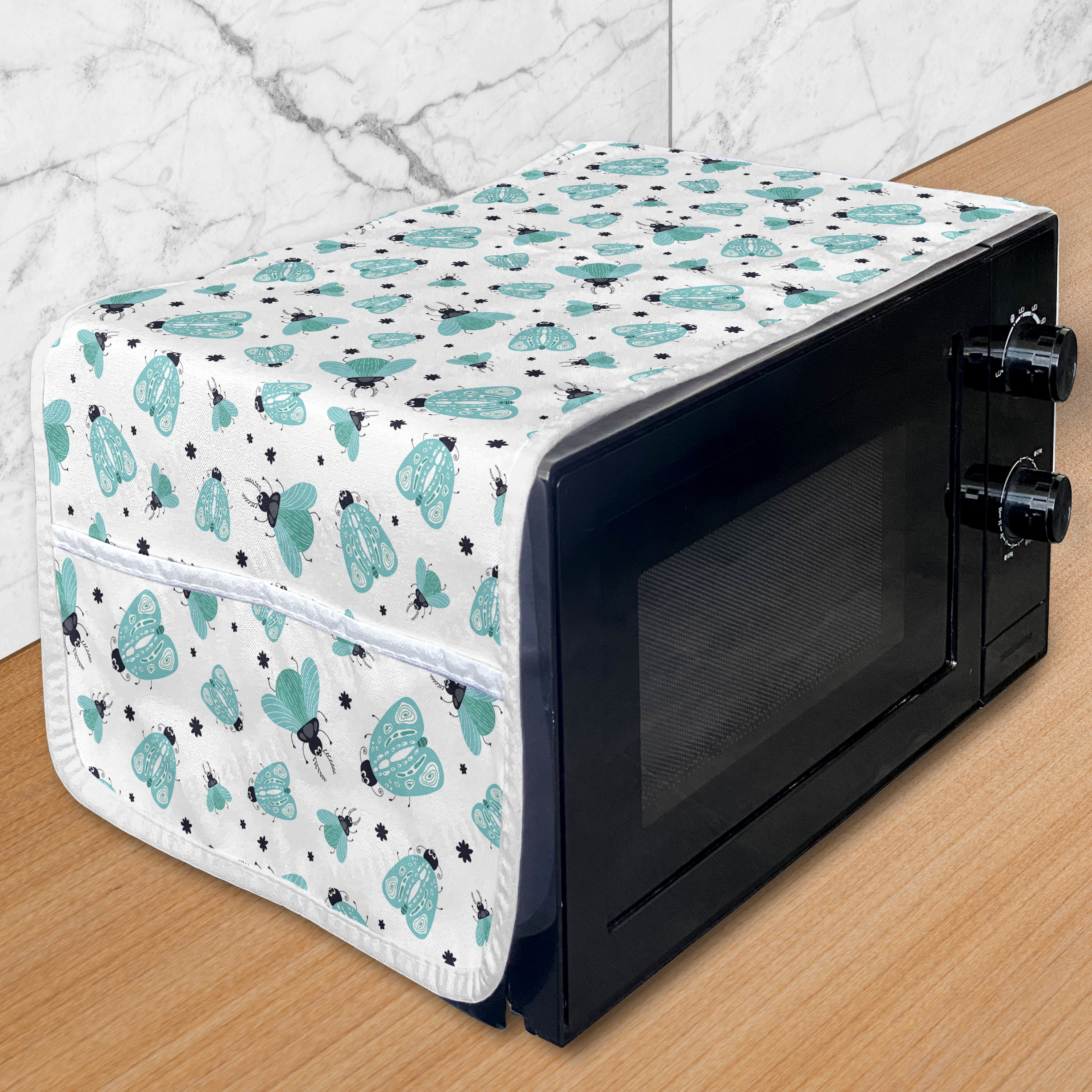 Turquoise Microwave Oven Cover, Cartoonish Design Pattern with Flowers ...