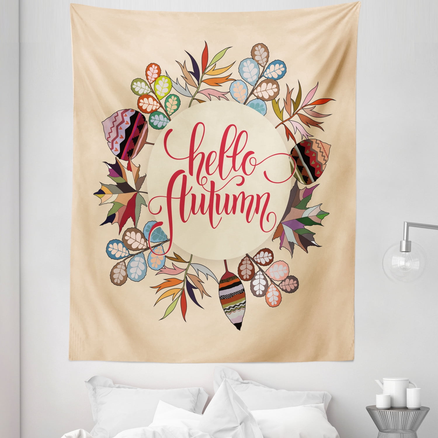 Hello Fall Tapestry, Modern Scandinavian Style Circular Autumn Leaves ...
