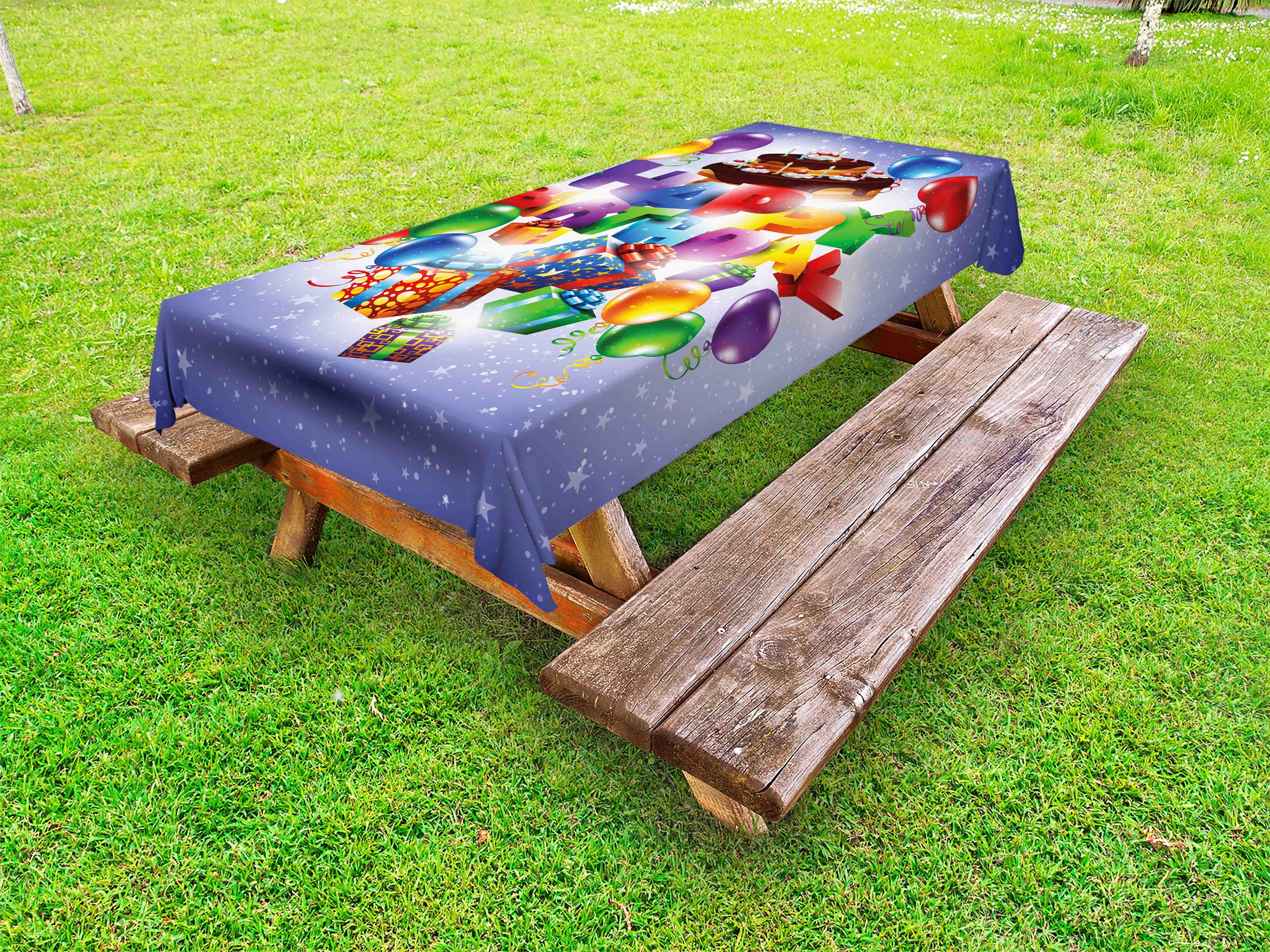 Birthday Outdoor Tablecloth, Presents Fun Balloons Curly Ribbons and ...