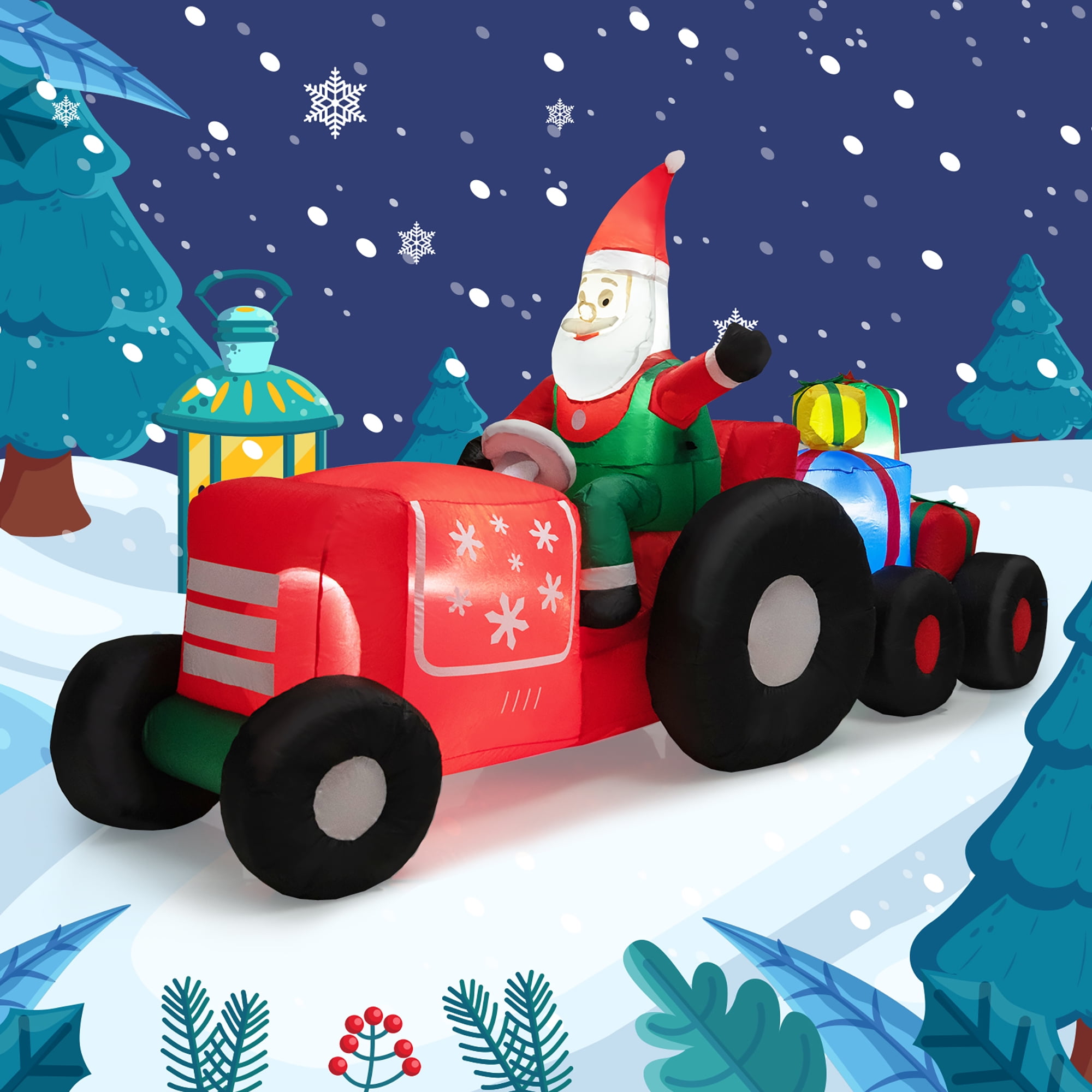 Costway 9 FT Long Christmas Inflatable Santa Claus Driving Tractor with ...