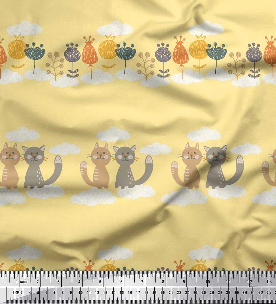 Soimoi Cotton Duck Fabric Floral,Clouds & Cat Kids Print Fabric by The ...