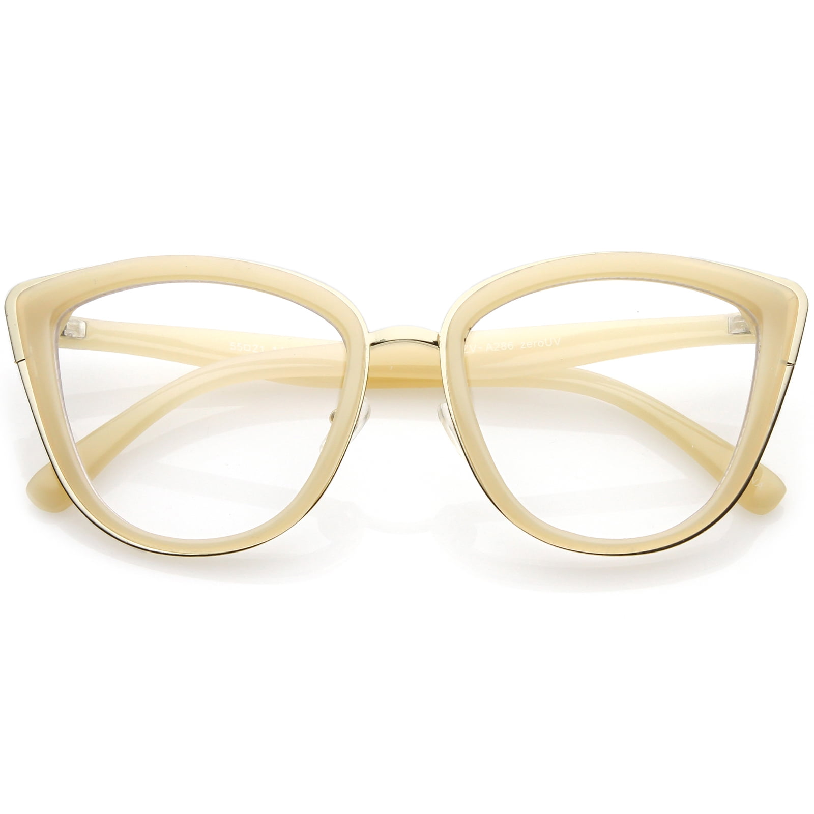 Oversize Rimmed Metal Cat Eye Glasses Clear Lens 55mm Creme Gold Clear