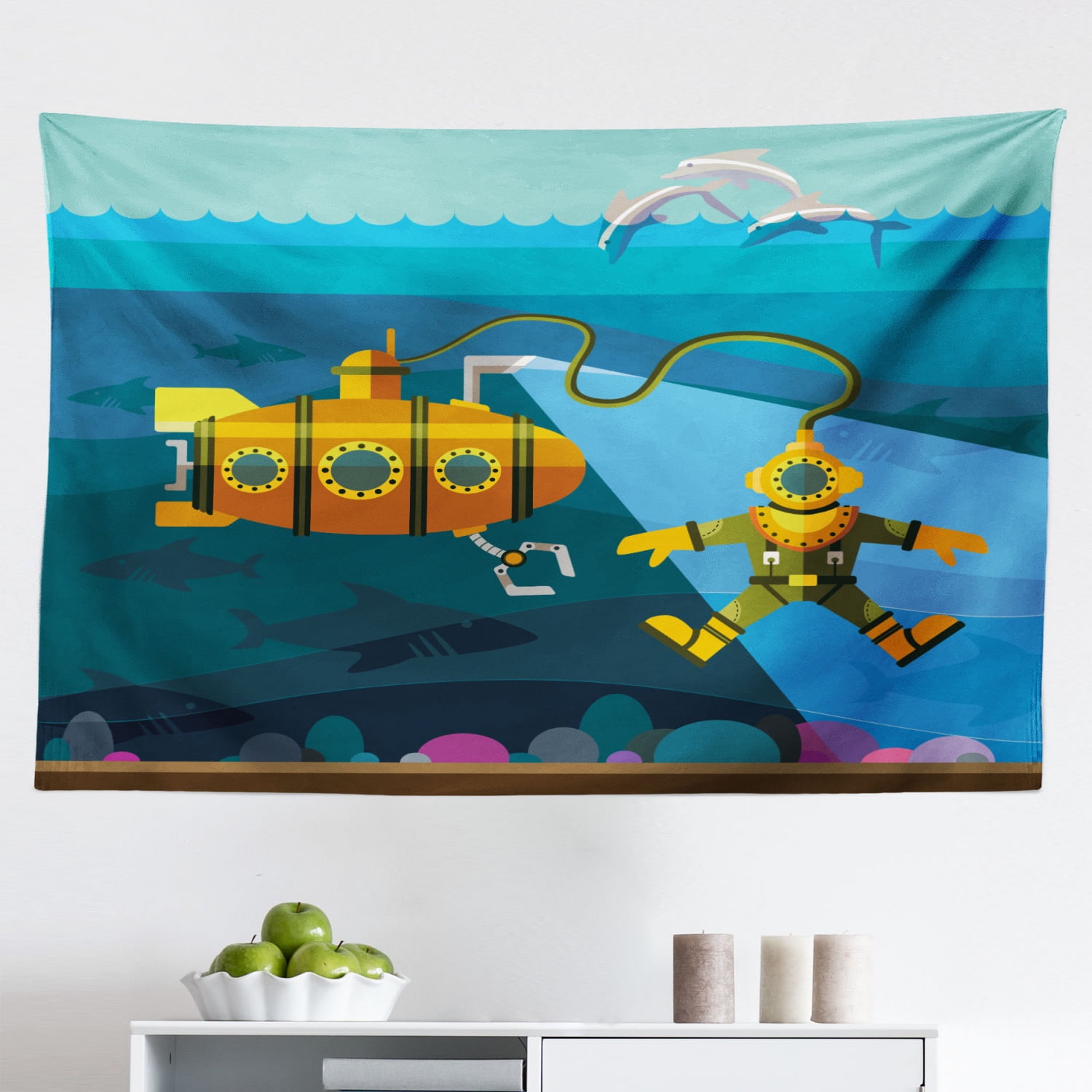 Yellow Submarine Tapestry, Pop Art Style Retro Underwater Theme ...