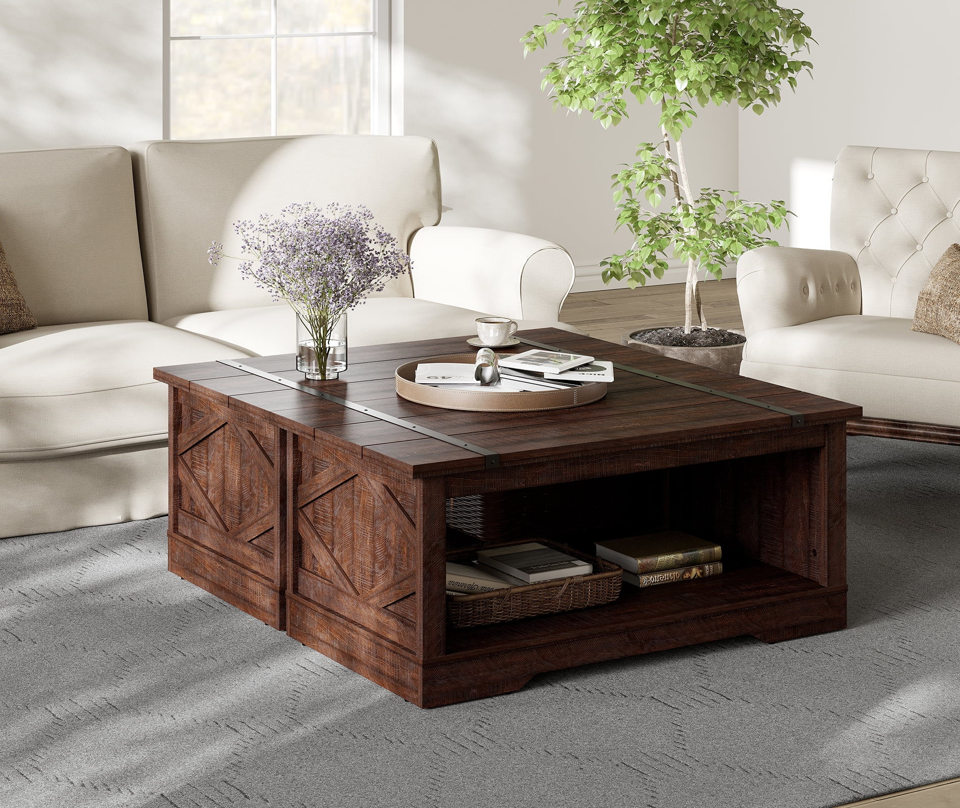 WAMPAT Modern Farmhouse 2 in 1 Coffee Table, Rectangle Wood Center ...