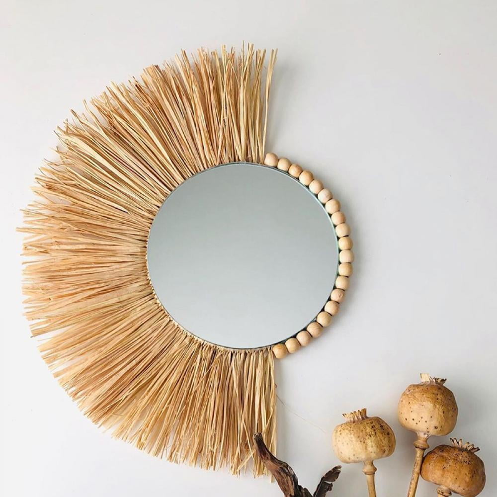 Round Woven Mirror, Rustic Makeup Mirror Straw Woven Mirror Wall ...