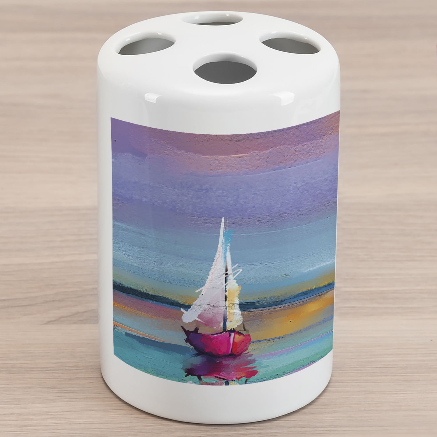 Abstract Oil Painting Ceramic Toothbrush Holder, Modern Art with Boat ...