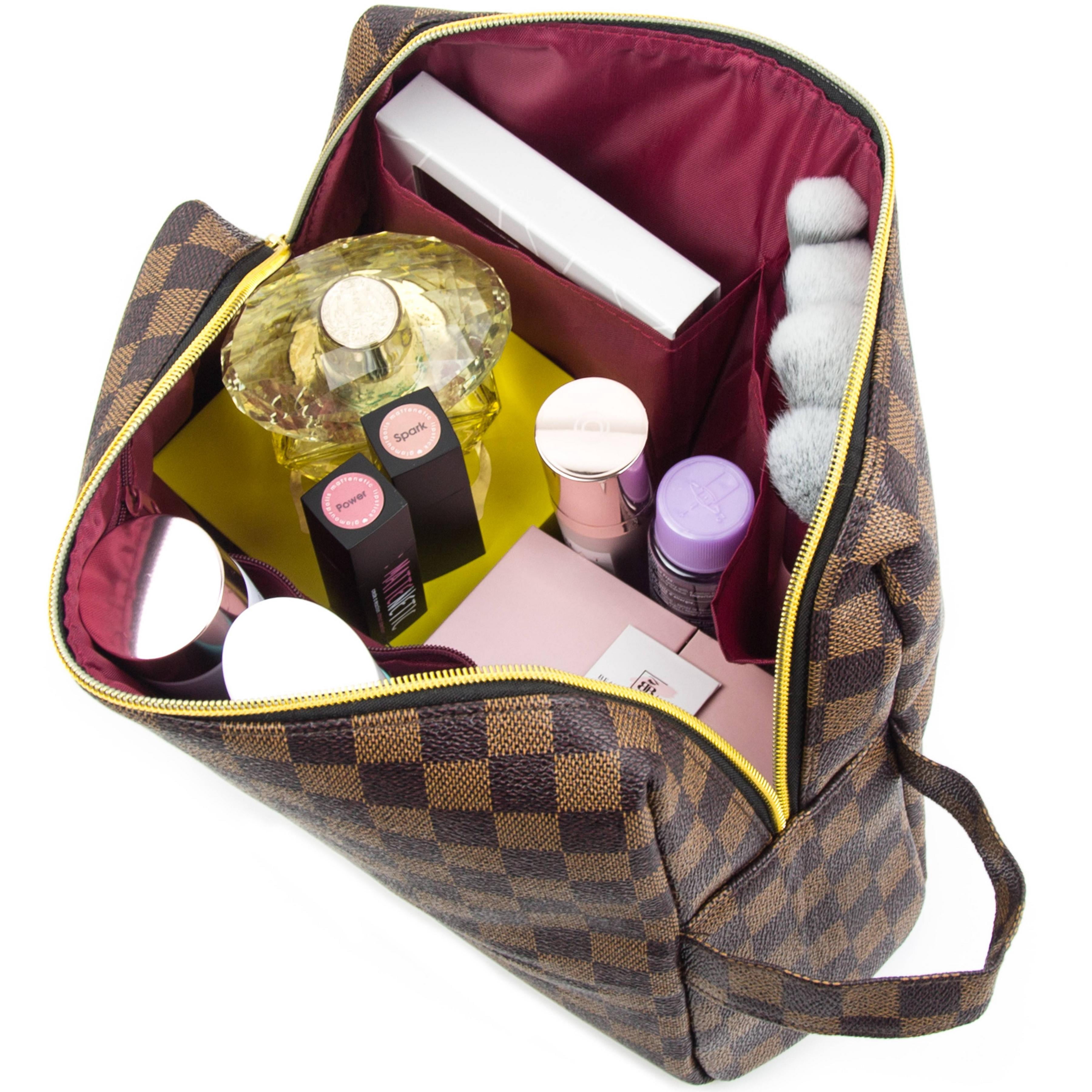 LUXOURIA Travel Brown Checkered Makeup Bag Luxury Desing Cosmetics Bag