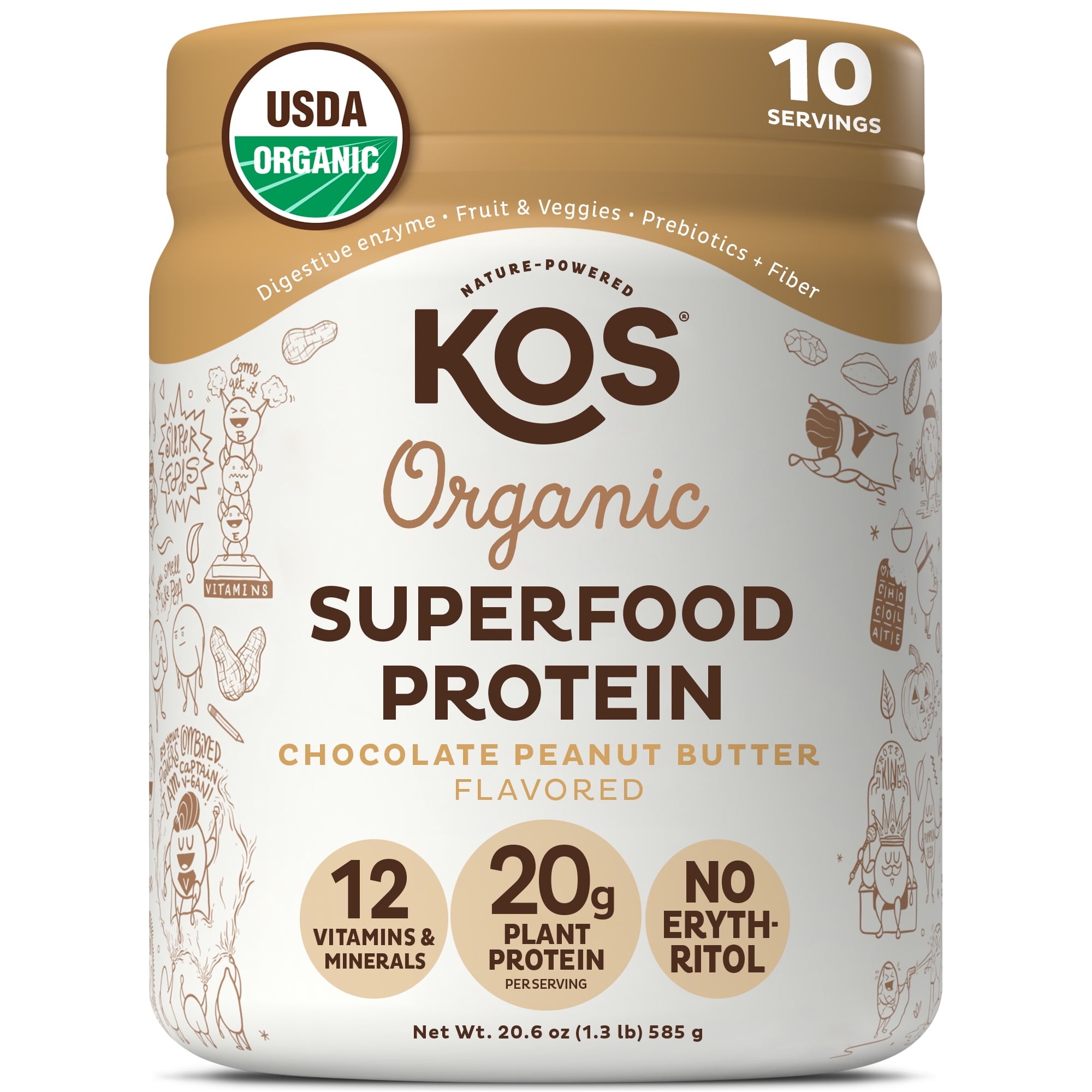 KOS Organic Vegan Protein Powder, Chocolate Peanut Butter, 20g Protein ...