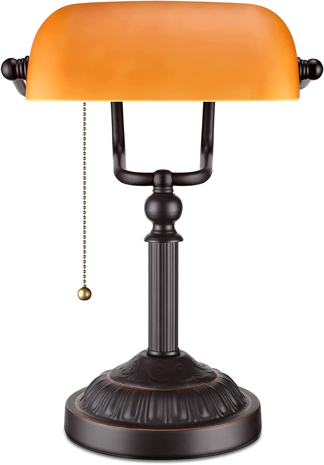 Traditional Bankers Lamp with Pull Chain Switch, Amber Glass Shade ...