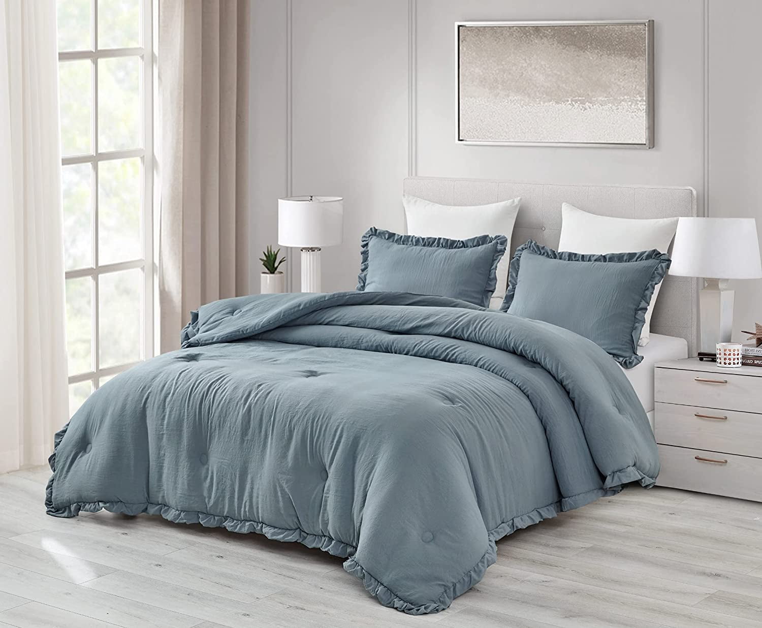 Chezmoi Collection Nora 3-Piece Dusty Blue Ruffled Edge Trim Microfiber ...
