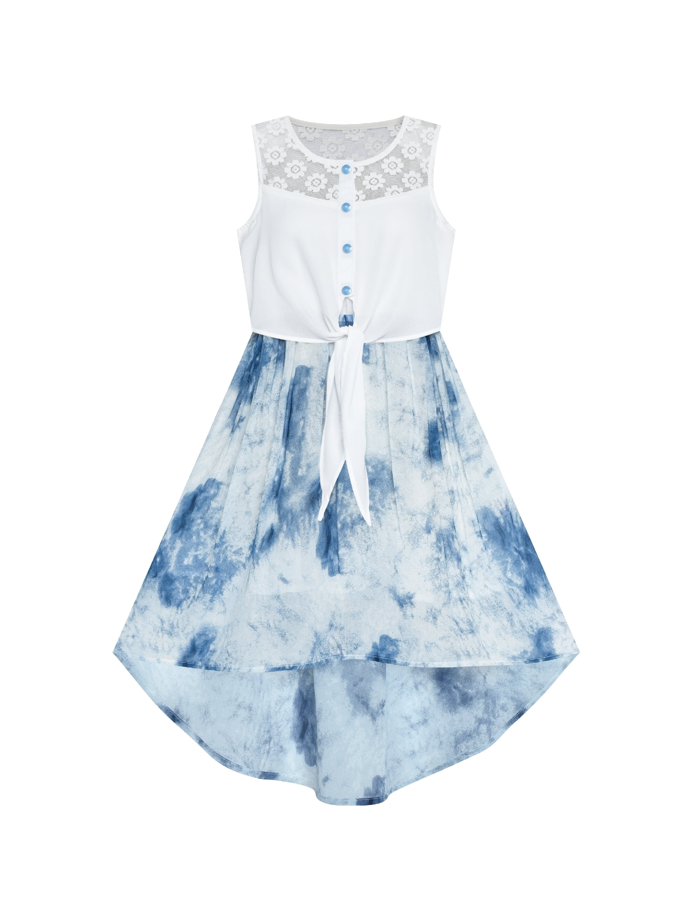 Girls Dress Chiffon Blue Floral High-Low Tie Waist Party Princess 12 ...