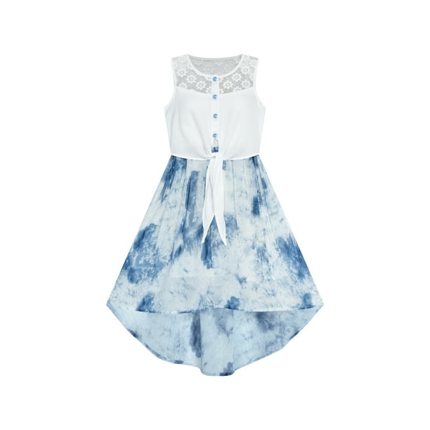 Sunny Fashion - Girls Dress Chiffon Blue Floral High-Low Tie Waist ...