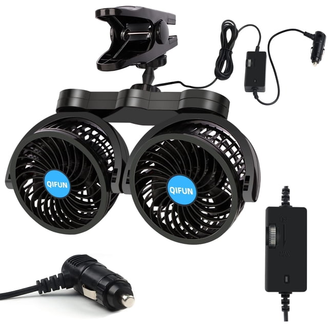 QIFUN Car Fan Adjustable Dual Head 12V 360 Rotatable 4 Inches Car Clip ...