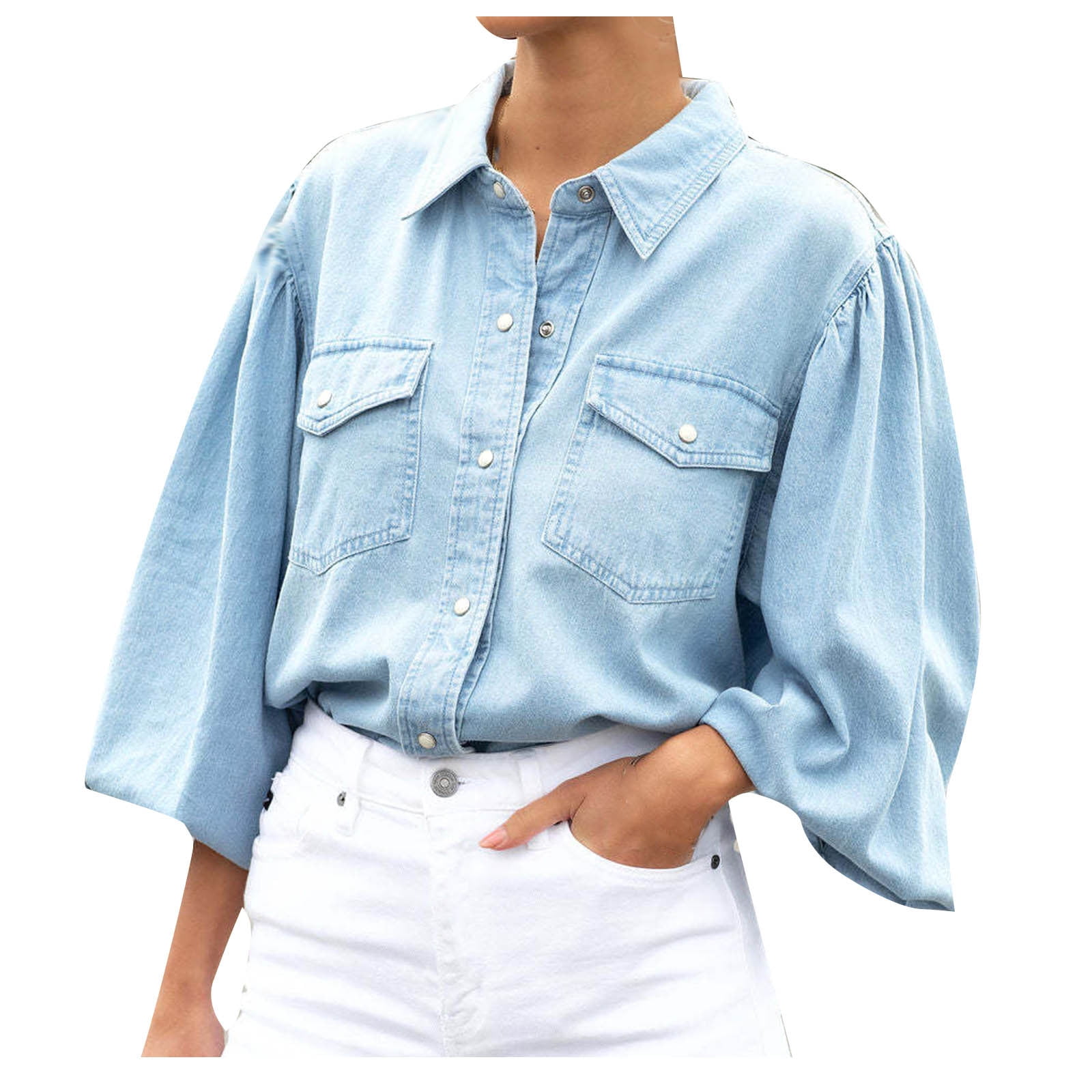 Click here for Aherbiu Denim Shirts For Women Long Lantern Sleeve... prices