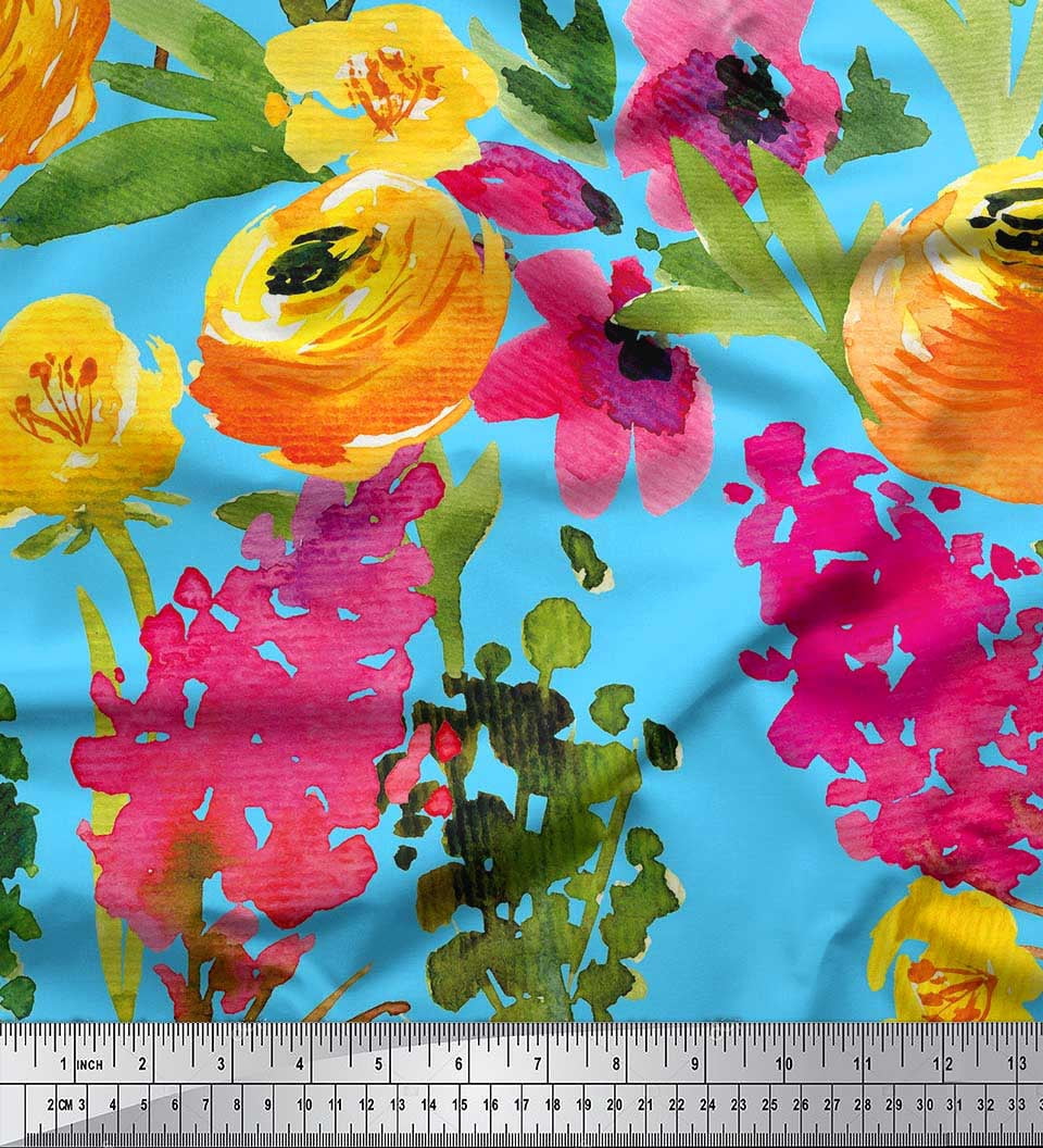 Soimoi Blue polyester Crepe Fabric Leaves & Floral Print Fabric by The ...