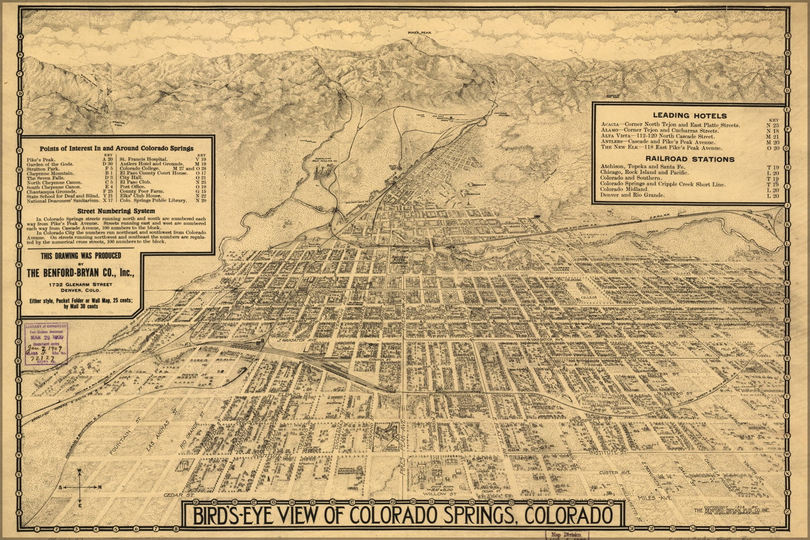 24"x36" Gallery Poster, birdseye map of Colorado Springs, Colorado 1909 ...