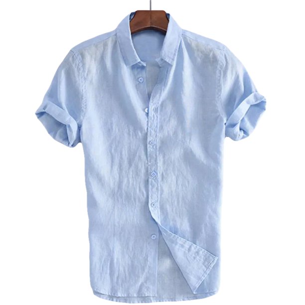 Madjtlqy Mens Linen Short Sleeve Summer Solid Shirts Loose Dress Soft
