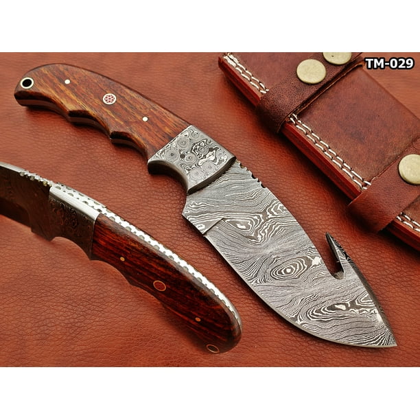 9.5" long Damascus steel Ladder pattern skinning knife, Full tang drop ...