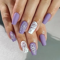 CurvLife Purple Rose Matte Floral Press-On Nails - 30PCS Medium Coffin ...