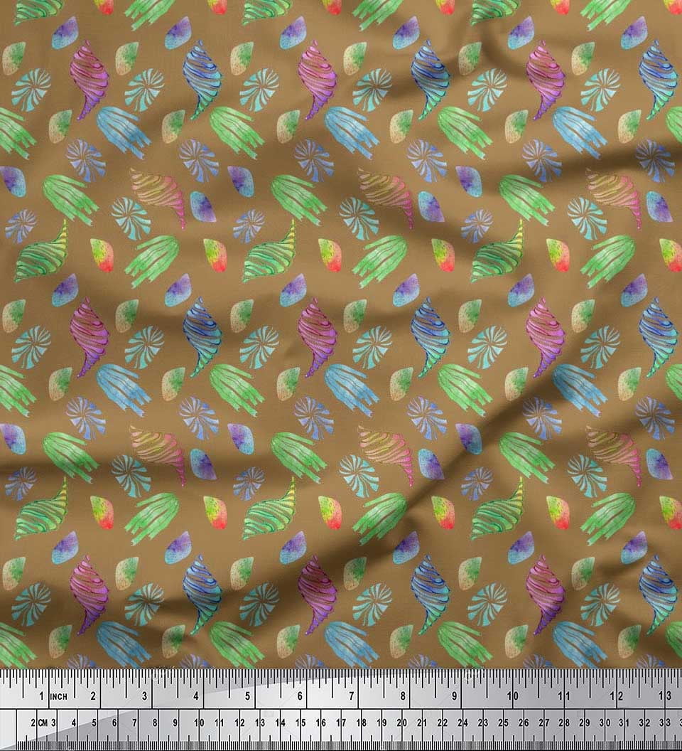 Soimoi Satin Silk Fabric Coral & Seashell Ocean Print Fabric by Yard 42 ...