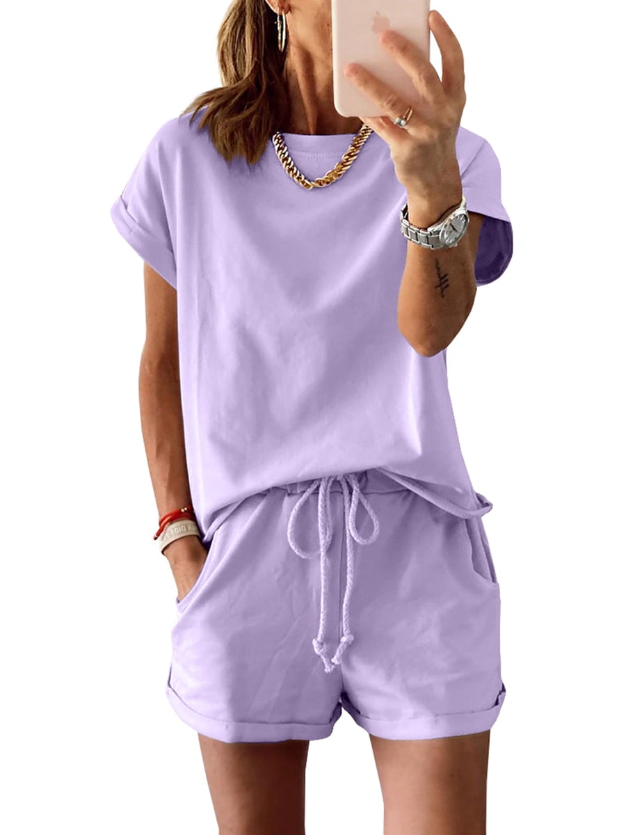 Langwyqu Solid Color Women Casual 2 Pieces Sets Tops & Shorts Suit ...