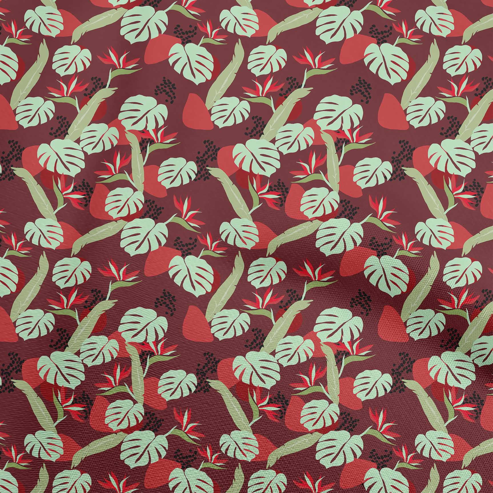 oneOone Cotton Cambric Red Fabric Tropical Leaf Sewing Material Print ...