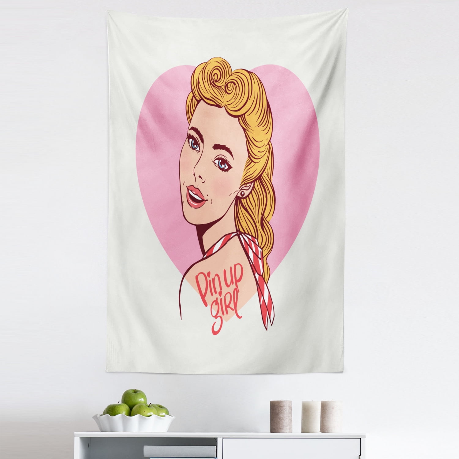 Pin up Girl Tapestry, Hand-Drawn Effect Smiling Blonde Girl in Vintage ...