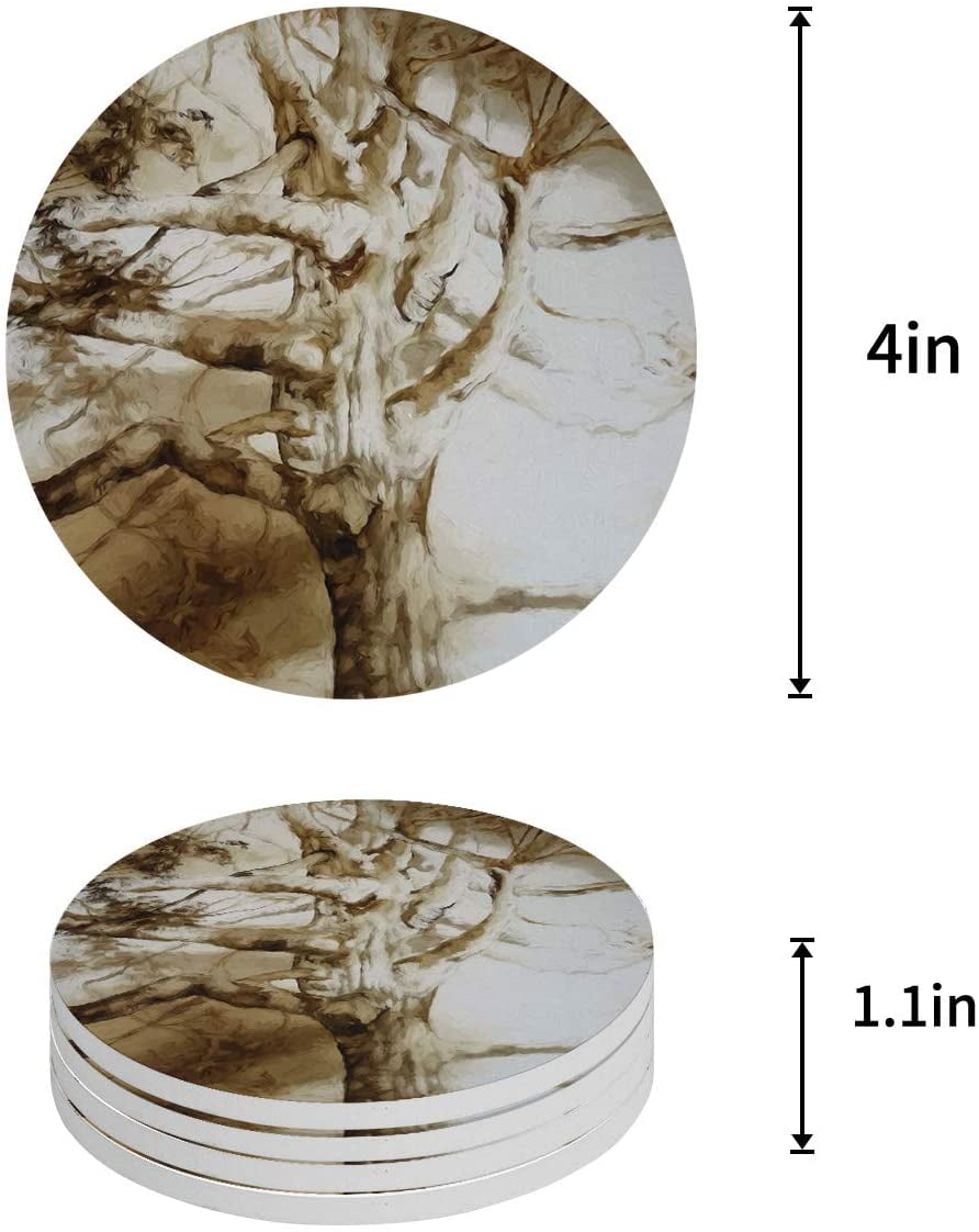 ZHANZZK Vintage Tree Oil Painting Texture Set of 4 Round Coaster for ...