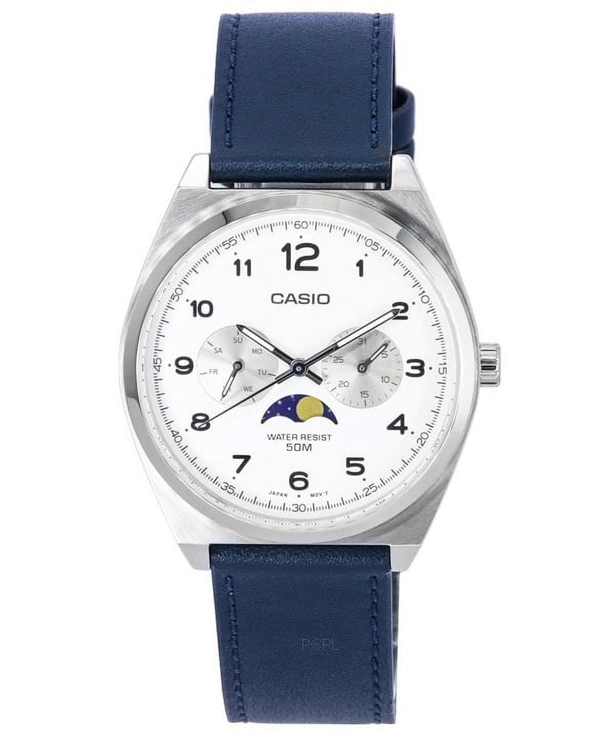 Casio Standard Analog Moon Phase White Dial Leather Strap Quartz MTP ...