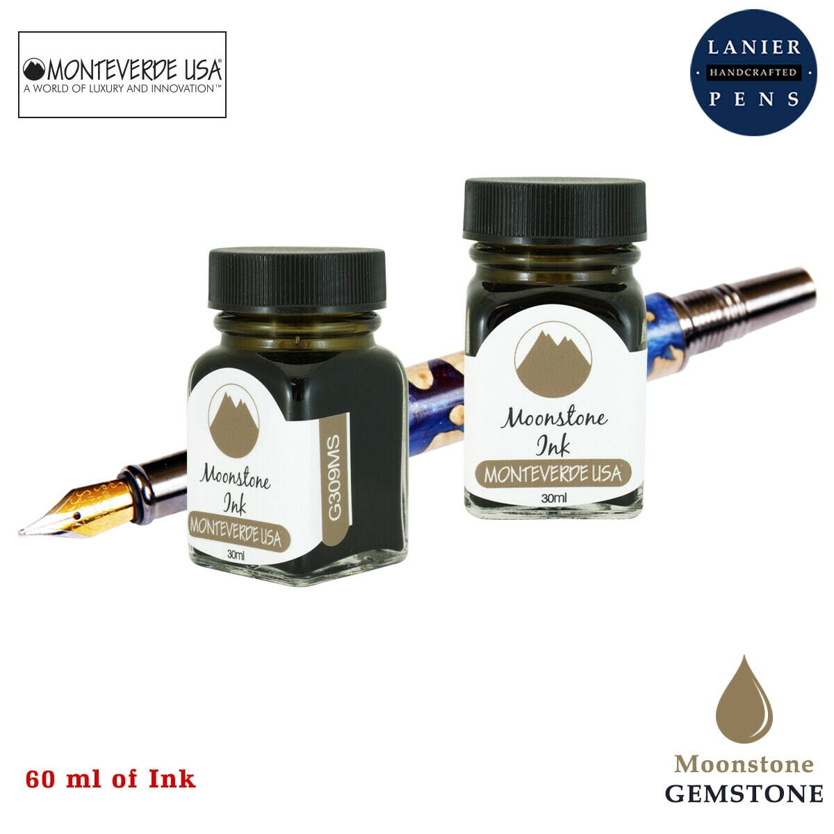 Monteverde 60ml Gemstone Fountain Pen Ink Bottle (30ml Moonstone G309MS ...