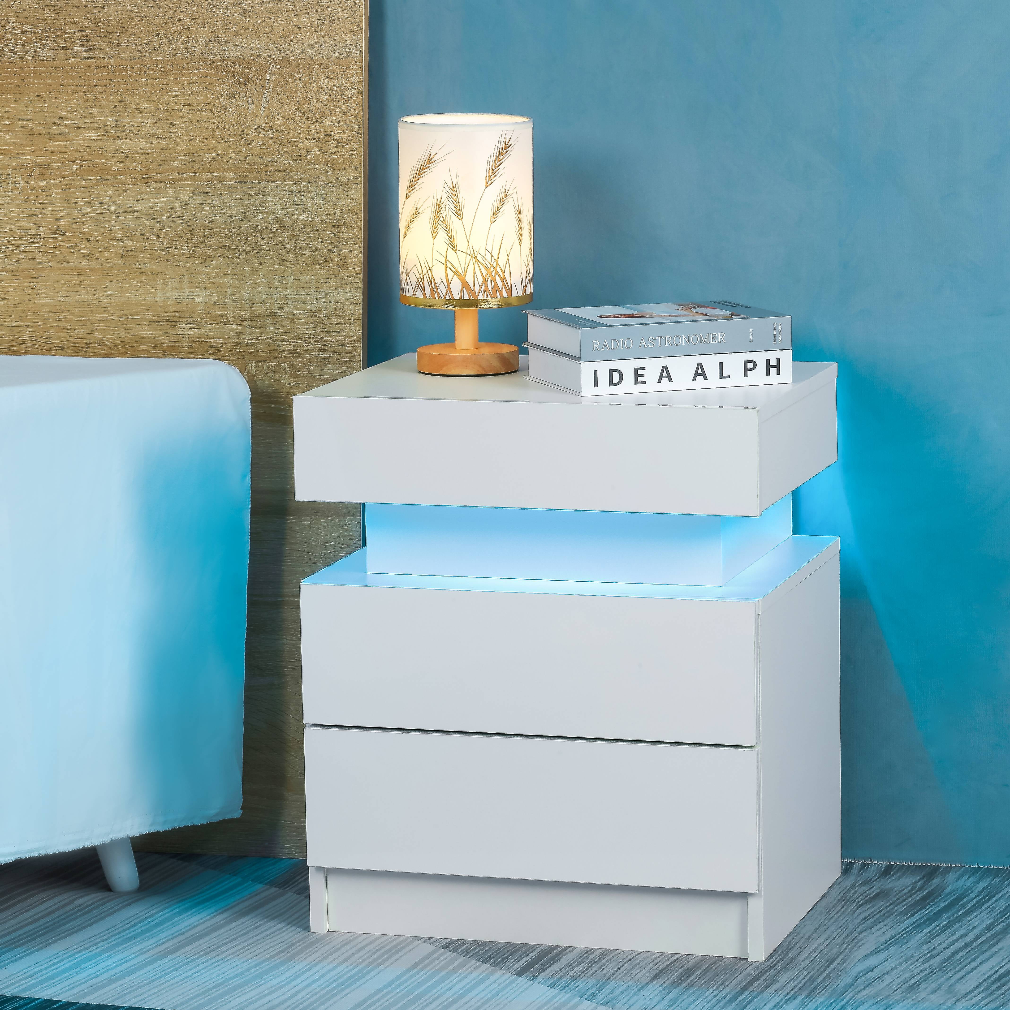 paproos End Table with LED Lights, Storage Table with 2 Drawers, White ...